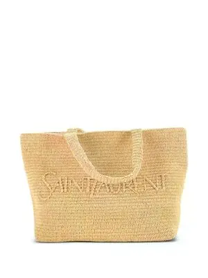 Saint Laurent Logo Supple Embroidered Raffia Tote Bag - Neutrals