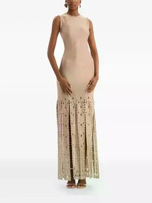 Oscar De La Renta Sleeveless Jewel Neck Metallic Jersey Pineapple Fringe Maxi Dress