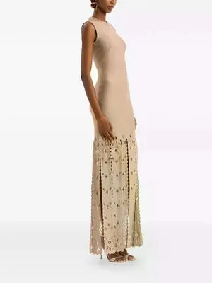 Oscar De La Renta Sleeveless Jewel Neck Metallic Jersey Pineapple Fringe Maxi Dress