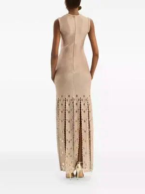 Oscar De La Renta Sleeveless Jewel Neck Metallic Jersey Pineapple Fringe Maxi Dress