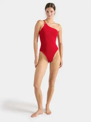 Hunza G Clara One-shoulder Swimsuit With Gold Hoop Detail - Red