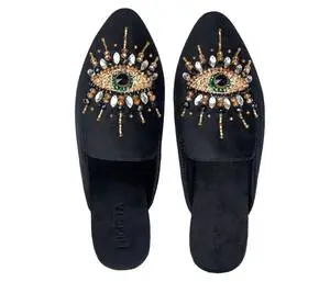 FUCHSIA SHOES The Good Eye Vegan Handmade Crystal Embroidery Mules - Black