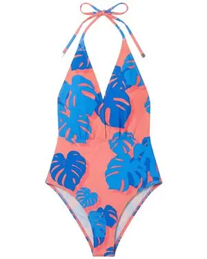 LORDS OF HARLECH Xena Monstera Floral Coral Halter One-piece Swimsuit - Pink