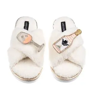 LAINES LONDON Embellished Boucle Slippers With Angelic Rose Wine Brooches - White