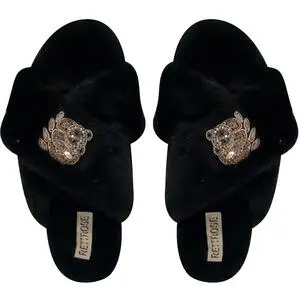 RETTROSE Ember Luxury Plush Diamanté Embellished Handmade Slipper - Black