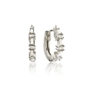 LILY & ROO Small Baguette Diamond Style Huggie Hoop Earrings - Silver
