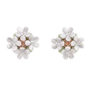 Oana Savu Bridal Flower Earrings Glass Beads Pearls Silver Wedding Ear Studs - White