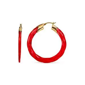 GOLD & HONEY Red / Gold Ruby Swirl Twist Lucite Birthstone Hoop Earrings - Red/gold