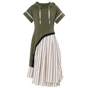 METAMORPHOZA Hooded Asymmetric Dress With Striped Skirt In Khaki - Green