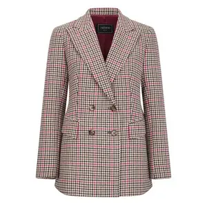 TRIONA Neutrals Camel & Pink Houndstooth Clodagh Double Breasted Tweed Jacket - Beige/pink