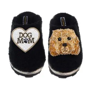 LAINES LONDON Teddy Closed Toe Slippers With Enki Doo The Cockapoo & Dog Mum / Mom Brooches - Black