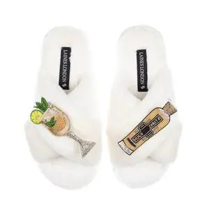 LAINES LONDON Neutrals / Classic Laines Slippers With Hugo Spritz Brooches Cream - White