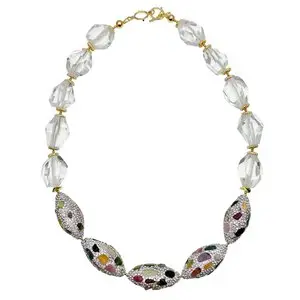 FARRA Quartz With Rhinestones Bordered Tourmaline Short Necklace - White