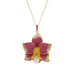 LATELITA Gold / White / Pink Daffodil With Pearl Pendant Necklace Gold Ruby Cz - Gold/white/pink
