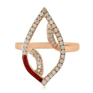 ARTISAN Diamond & Red Enamel Leaf Ring In 14k Rose Gold - White