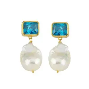 LINYA JEWELLERY Crystal Stone Baroque Pearl Dangle Earrings Blue