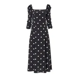 AGGI BY HALEWSKI Amelie Walking Dots Puffed Sleeves Midi Dress - Black