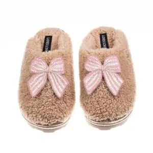 LAINES LONDON Teddy Slippers With Pink Stripe Bow Brooches - Brown