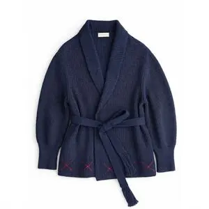 REN CORDEZA Hand Embroidered Knit Cardigan With Shawl Collar - Blue