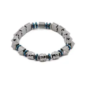 EBRU JEWELRY Blue / Silver Silver Hematite Stone Buddha & Hematite Stone Beaded Bracelet Silver - Blue/silver