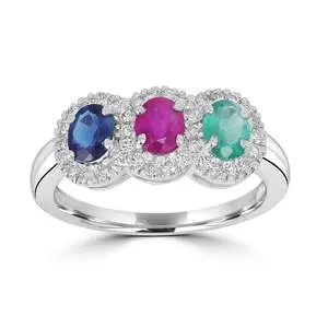 ARTISAN Three-stone Sapphire, Ruby & Emerald Halo Ring In 18k Gold - White