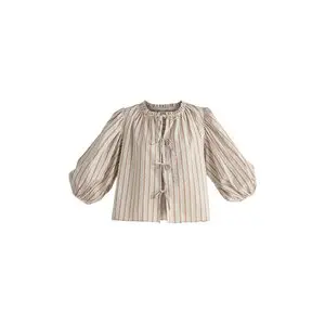 PAISIE Tie Front Puff Sleeves Blouse In Taupe And - Green