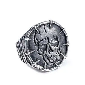 GERMAN KABIRSKI Noctis Handcrafted Ring With Stamped Skull Design - Silver