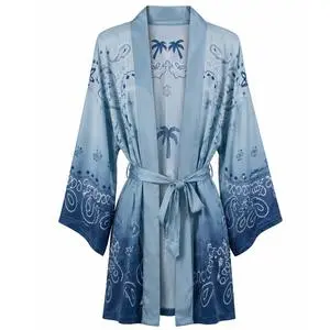 Loveist Store Laurel Bandana Patterned Silky Satin Short Kimono - Blue