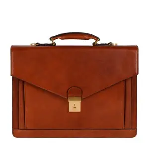 TIME RESISTANCE Classic Design Leather Briefcase In Cognac The Magus - Brown