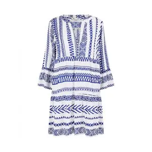YUMI Geo Stripe Print Beach Tunic - Blue