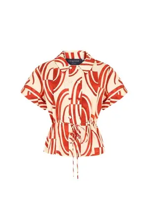 EXQUISE Regular Lace-up Abstract Print Cotton Shirt - Red