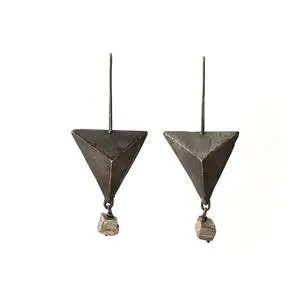 ZULA JEWELRY + DESIGN Black / Grey / Silver Triangle Pyrite Drop Earrings, Ancient Future Collection - Black/grey/silver