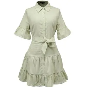 SMART AND JOY Fit-and-flare Tiered Ruffles Mini Shirt Dress - Green