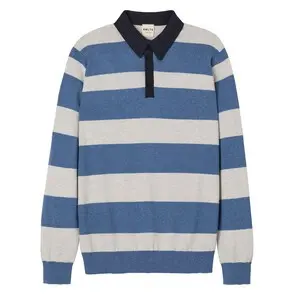 SALTS CASHMERE Long Sleeved Rugby Stripe Polo Shirt Denim Blue & Silver - Blue/gray