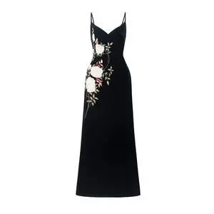 SILK AND BEARS Hand-embroidered Rose Silk Velvet Evening Dress - Black