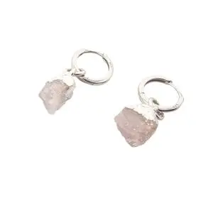 HARFI Raw Rose Quartz Sterling Silver Round Huggies - Pink