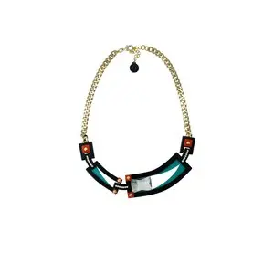 GISSA BICALHO Handmade Acrylic Necklace Deco Choker Rectangular Cut Stone Turquoise - Blue