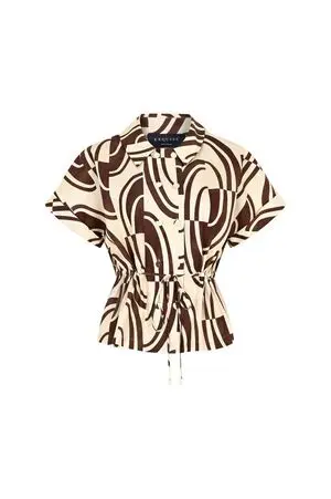 EXQUISE Regular Lace-up Abstract Print Cotton Shirt - Brown