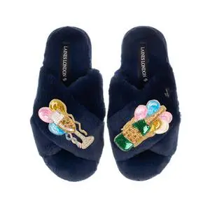 LAINES LONDON Classic Faux Fur Slippers With Birthday Bubbles Brooches - Blue
