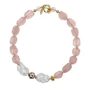 FARRA Rose Quartz With Baroque & Tourmaline Short Necklace - Yellow
