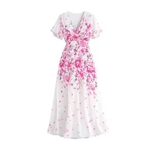 YUMI Mirror Floral Print Ruched Waist Kimono Midi Dress - Pink