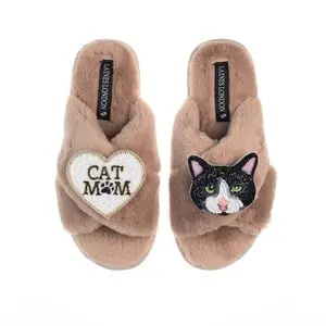 LAINES LONDON Classic Slippers With Embellished Cat Brooches - Brown