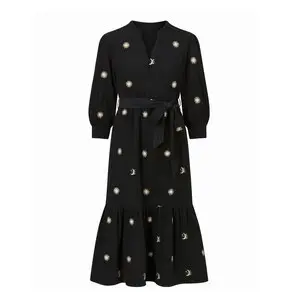 YUMI Cosmic Embroidery Cord Midi Shirt Dress - Black