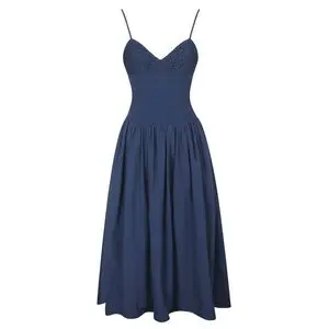 MISS CIRCLE NEW YORK Ailani Navy Taffeta Smocked Midi Dress - Blue