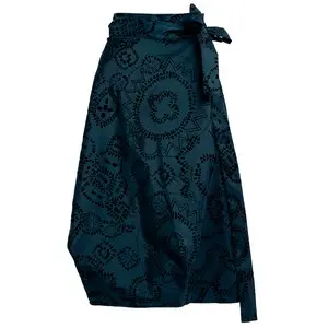 BIANCA POPP Teal Taffeta Wrap Skirt With Black Floral Cutouts - Black/blue