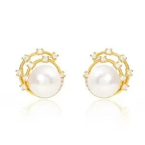 PEARLS OF THE ORIENT ONLINE Stella Cultured Freshwater Pearl Stud Earrings With Gold Sparkle Swirl - White
