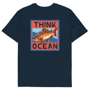 ANCHOR & CREW Navy Think Ocean Fish Pixel Art Organic Cotton T-shirt - Blue