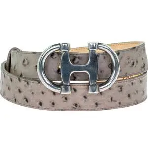 PEACHY BELTS LTD Ostrich Print Belt For Trousers With Silver Double D Buckle - Grey