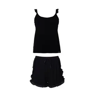 PRETTY YOU Bamboo Frill Cami Short Pyjama Set - Black