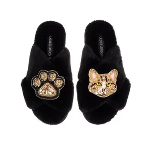 LAINES LONDON Classic Slippers With Cat And Paw Brooches - Black